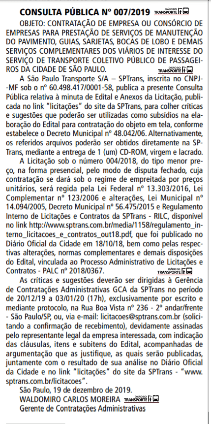 Sptrans Faz Consulta Pública Para Edital De Manutenção Do Pavimento