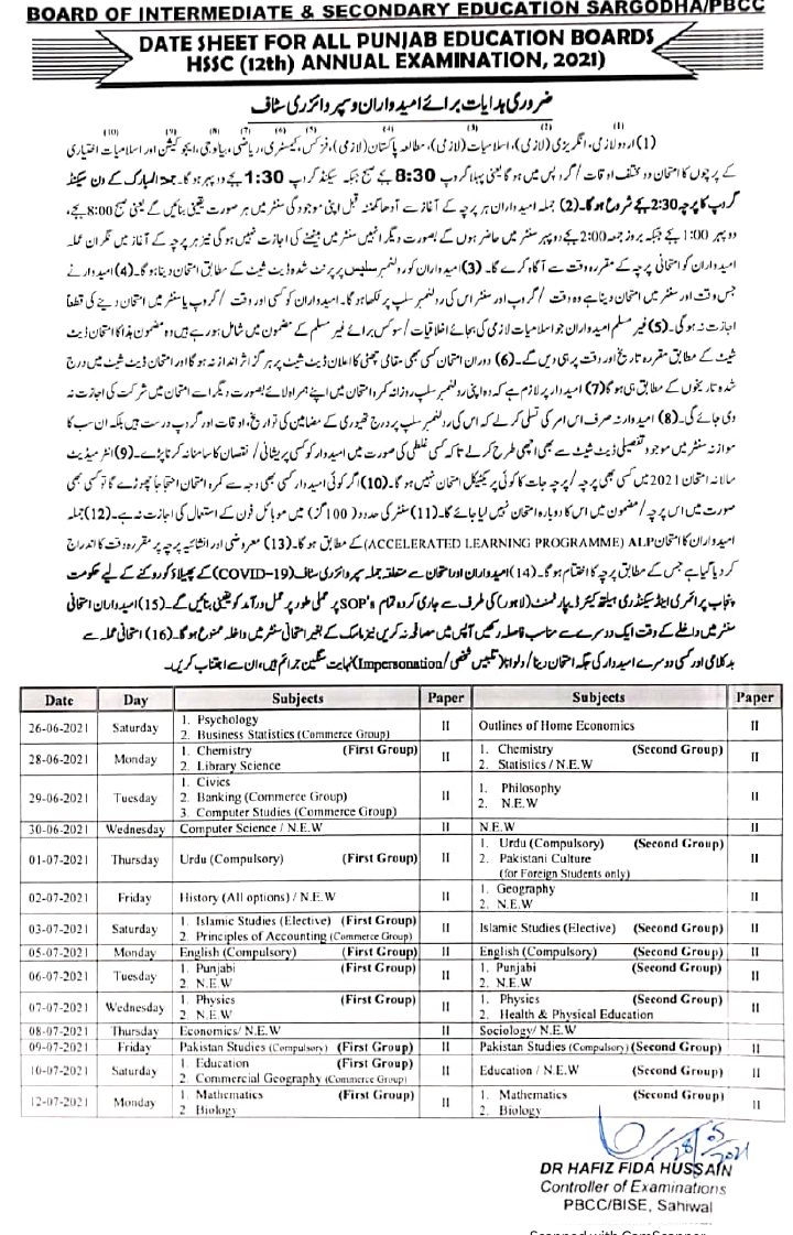 Bise 10th Class Date Sheet 2024 Schedule Of Exams Punjab Board Class