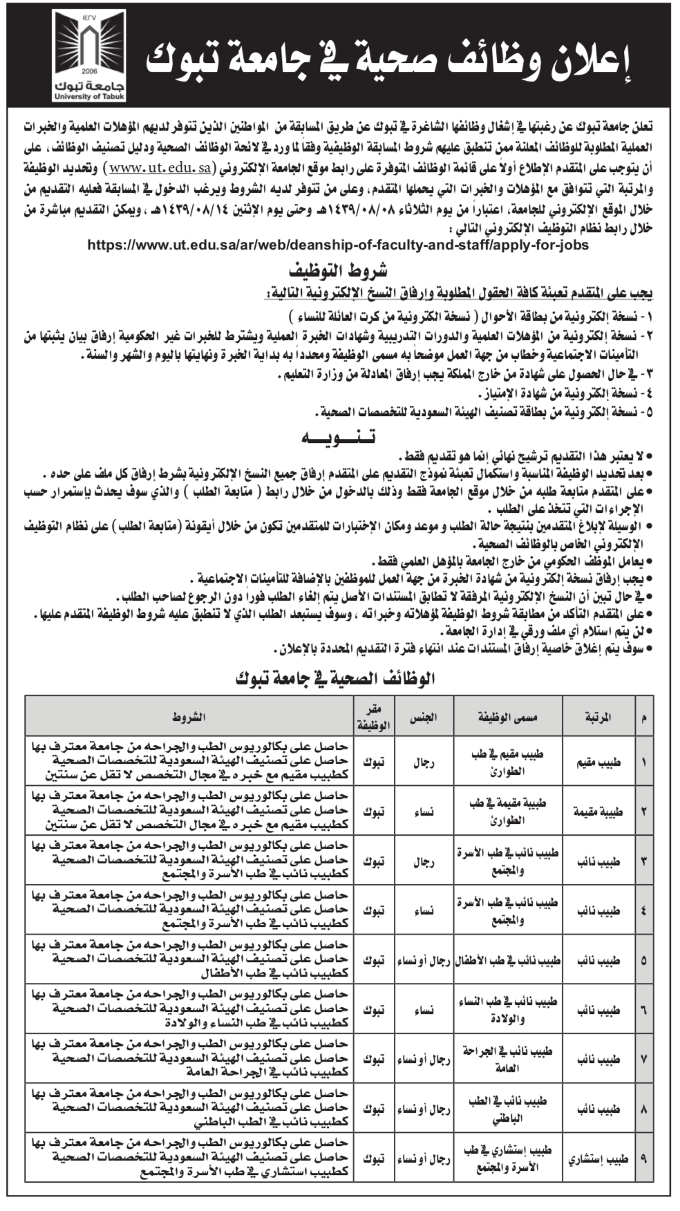 جامعة تبوك تعلن عن توفر وظائف صحية شاغرة عن طريق المسابقة الوظيفية