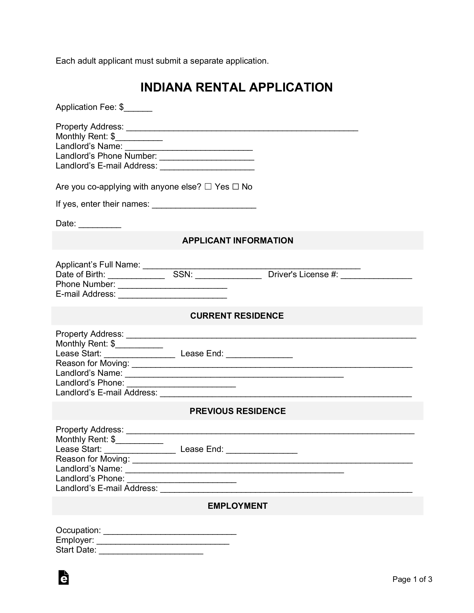 Free Indiana Rental Application Form Word Pdf Eforms