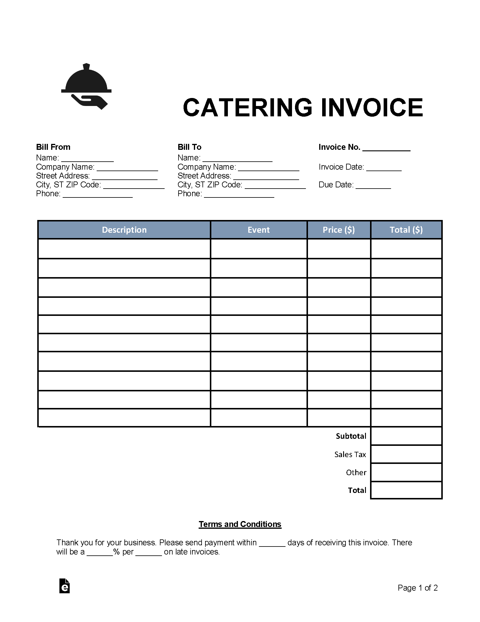 Free Catering Invoice Template Pdf Word Eforms