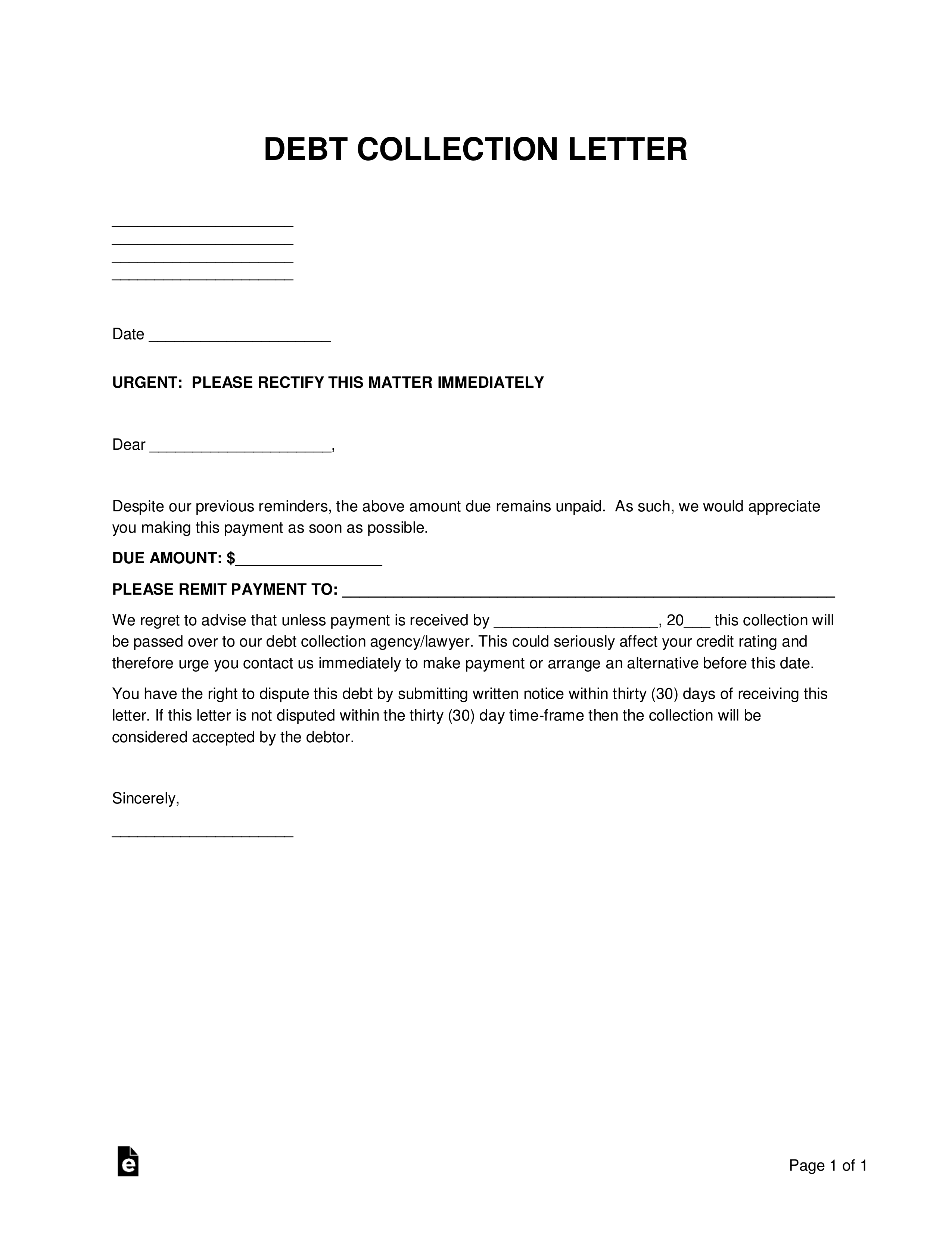 Free Debt Collections Letter Template Sample Pdf Word Eforms