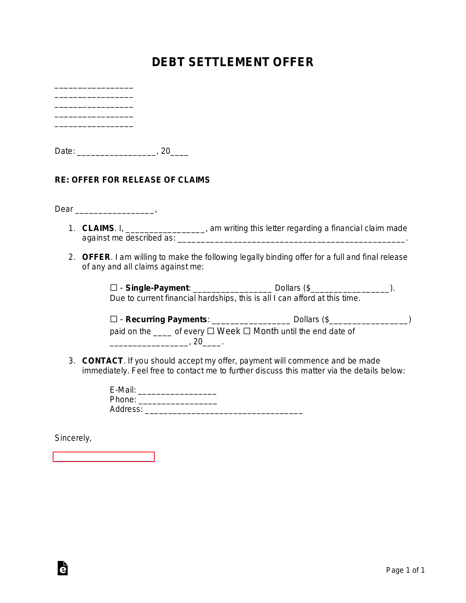 Debt Settlement Offer Letter Template