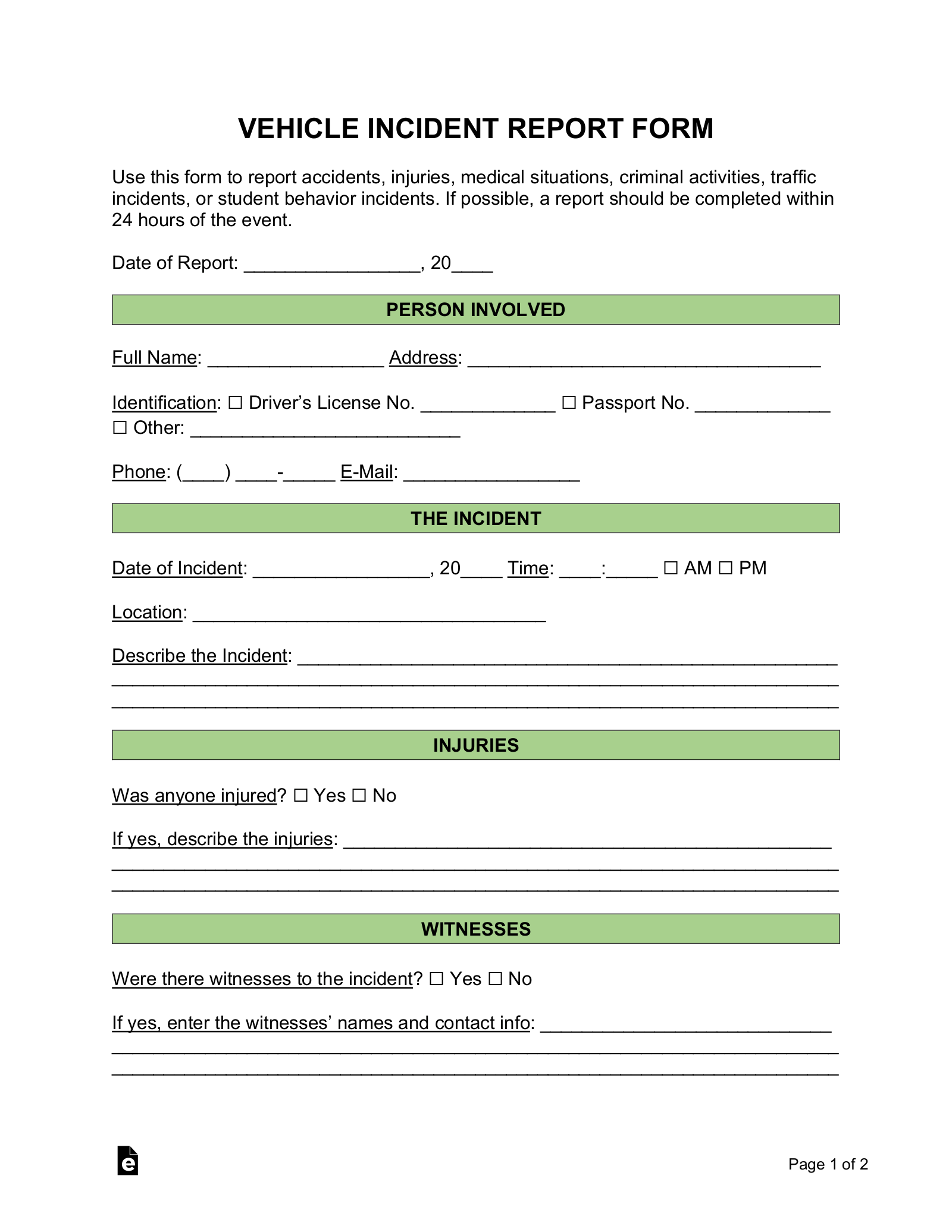 Free Car Motor Vehicle Incident Report Template Word Pdf Eforms