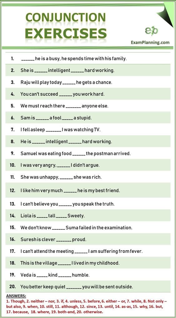 Conjunctions Exercises With Answers Examplanning