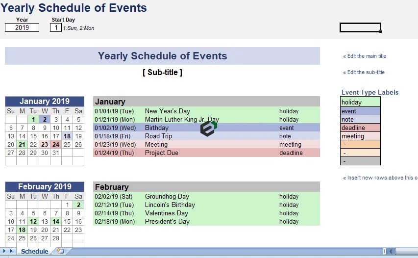 Download Template For Yearly Schedule Of Events List In Excel