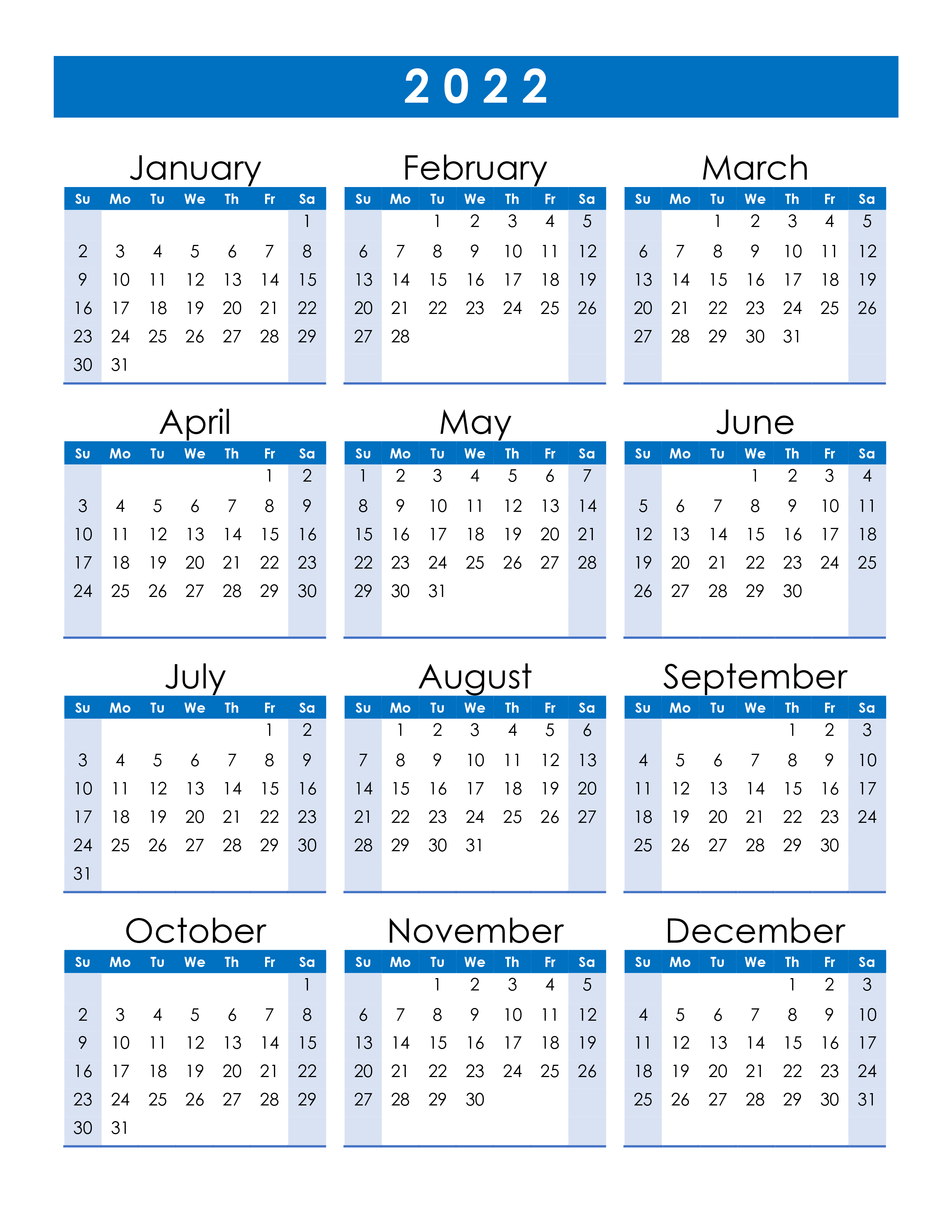 Yearly 2022 Printable Calendar Free Letter Templates