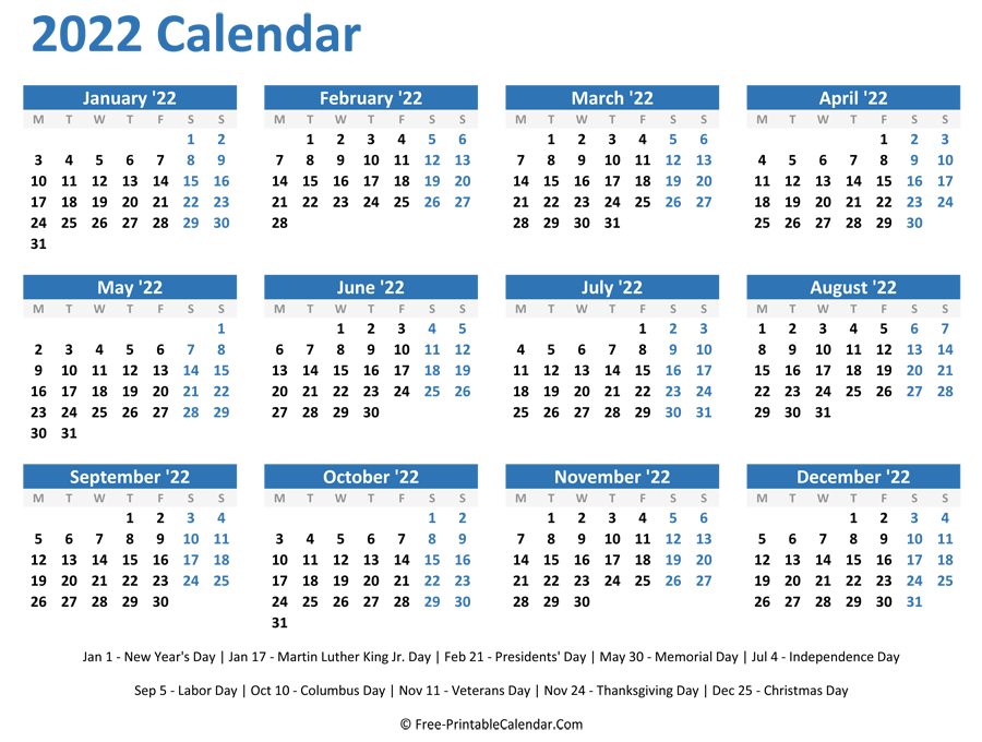 Printable Yearly Calendar 2022 With Holidays Printable Calendars At A