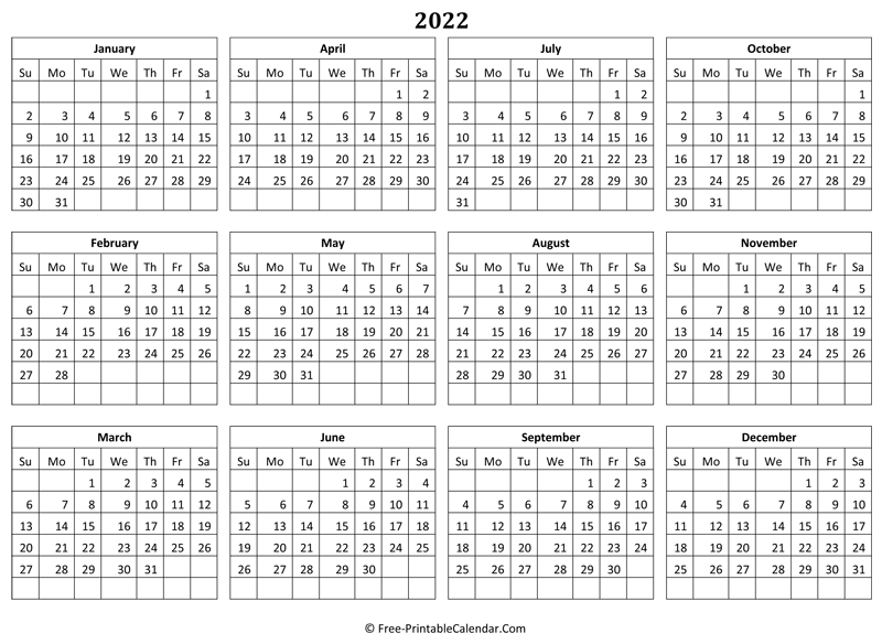 Printable Yearly Calendars 2022 Free Letter Templates Free Printable