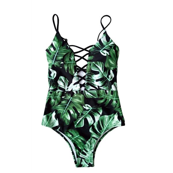 Green And Black Monokini Palm Leaf One Piece Plunge Swimwear Womens