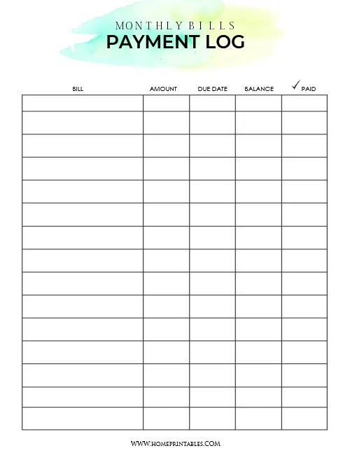 Organizer Free Printable Monthly Bill Payment Log