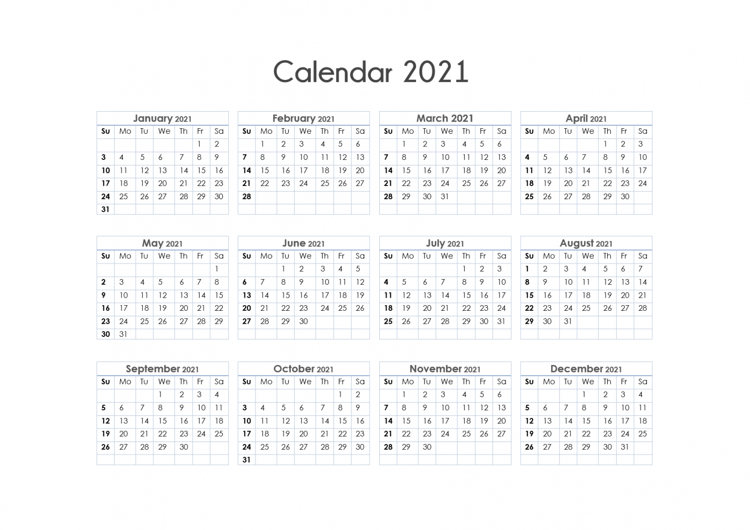 2021 12 Month Printable Calendar Free 2021 12 Month Calendar