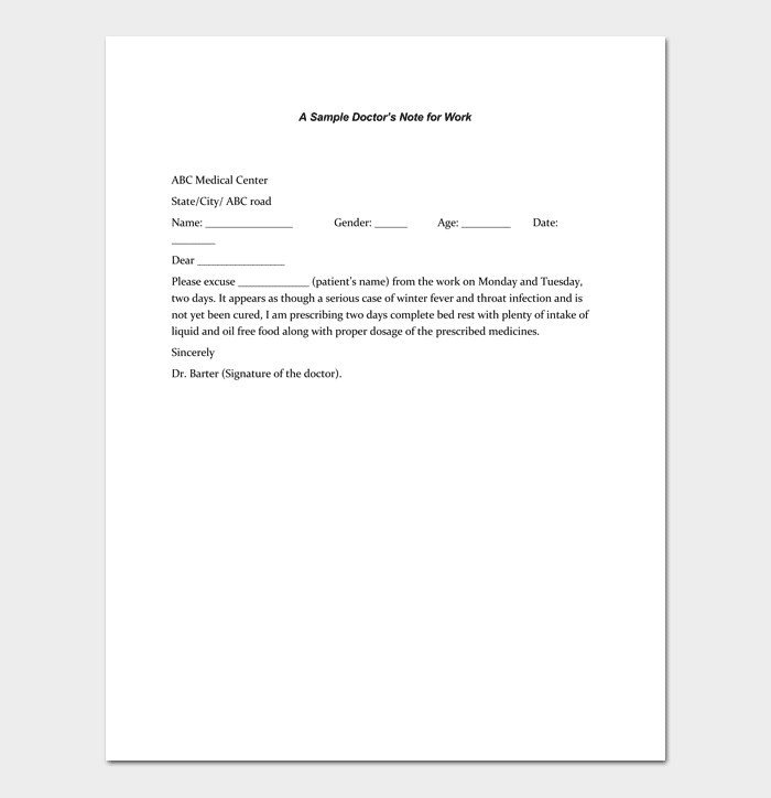 Printable Letter To Doctors Note Return Work