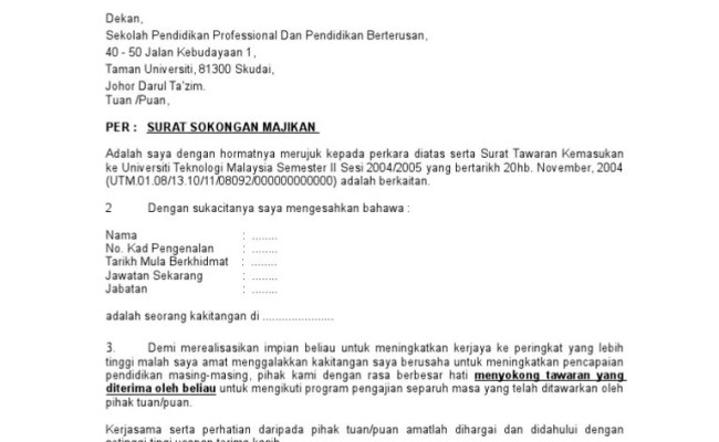 Minta Sokongan Contoh Surat Sokongan Yb Untuk Kerja Contoh Surat