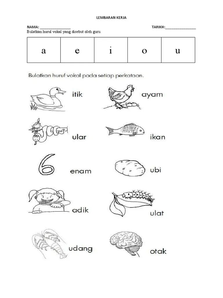 Workbooks Lembaran Kerja Huruf Vokal Aeiou Latihan Pemulihan Vokal 2