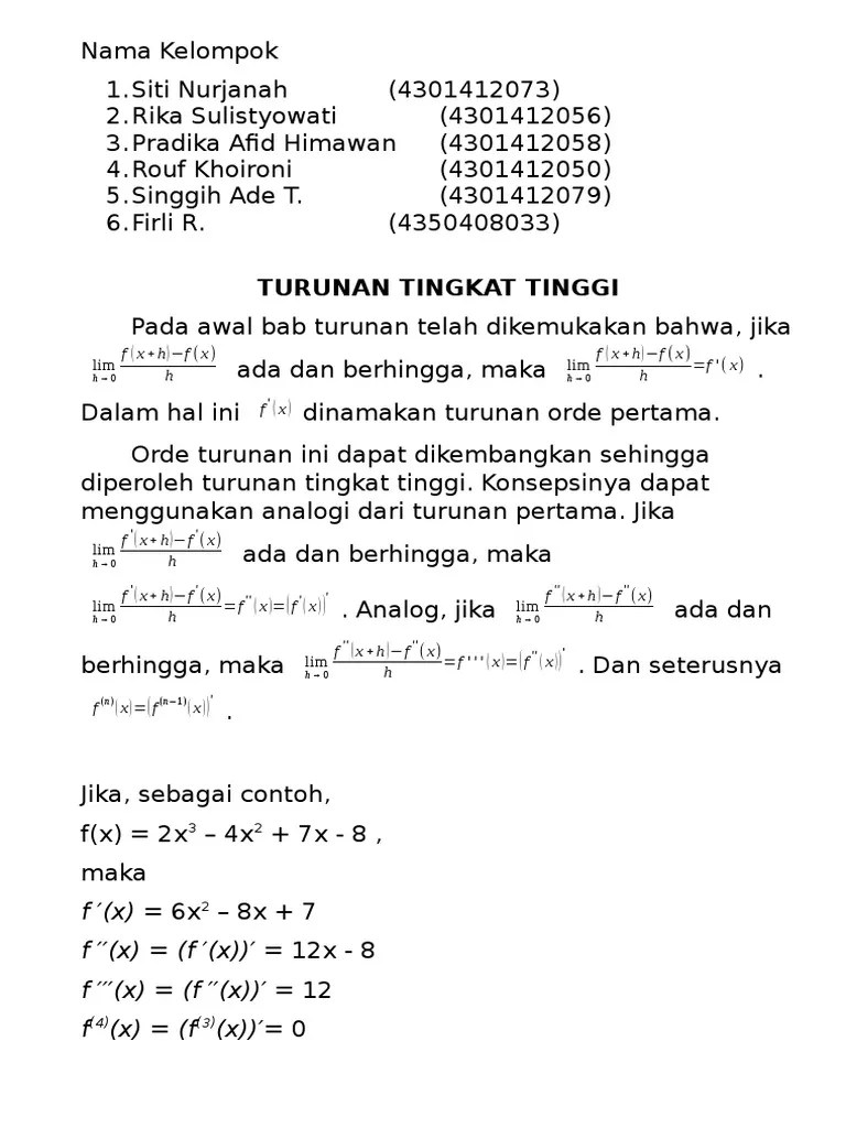 Kumpulan 10 Contoh Soal Turunan Tingkat Tinggi Dan Pembahasannya