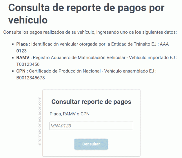 Consultar Historial De Pago De Matrícula Vehicular Sri