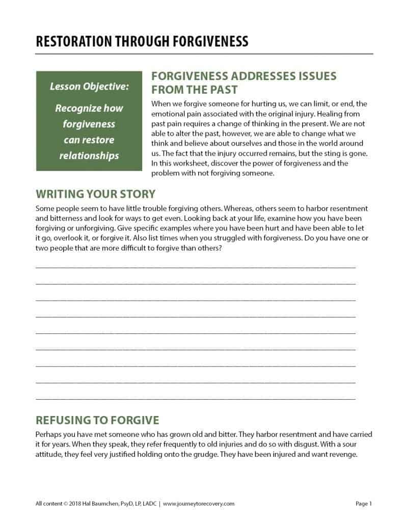 Restoration Through Forgiveness Cod Worksheet Journey To Recovery