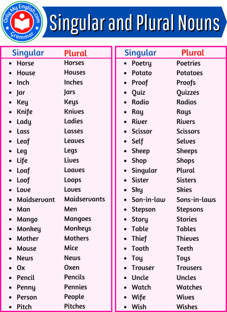 A Huge List Of Singular And Plural Nouns Words Onlymyenglish