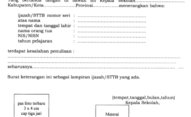 Ini Format Resmi Surat Keterangan Kesalahan Penulisan Ijazah Sttb Sd