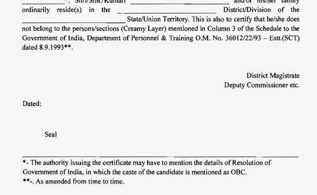 Central Caste Certificate Format Obc Certificate Format For Central Job