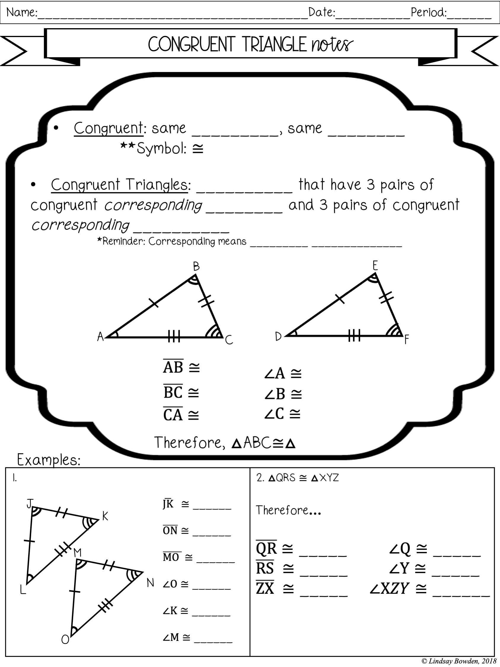 Congruent Triangles Worksheet Answer Key Congruent Triangles Notes