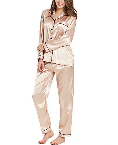 Swomog Womens Silk Satin Pajamas Long Sleeve Loungewear Two Piece