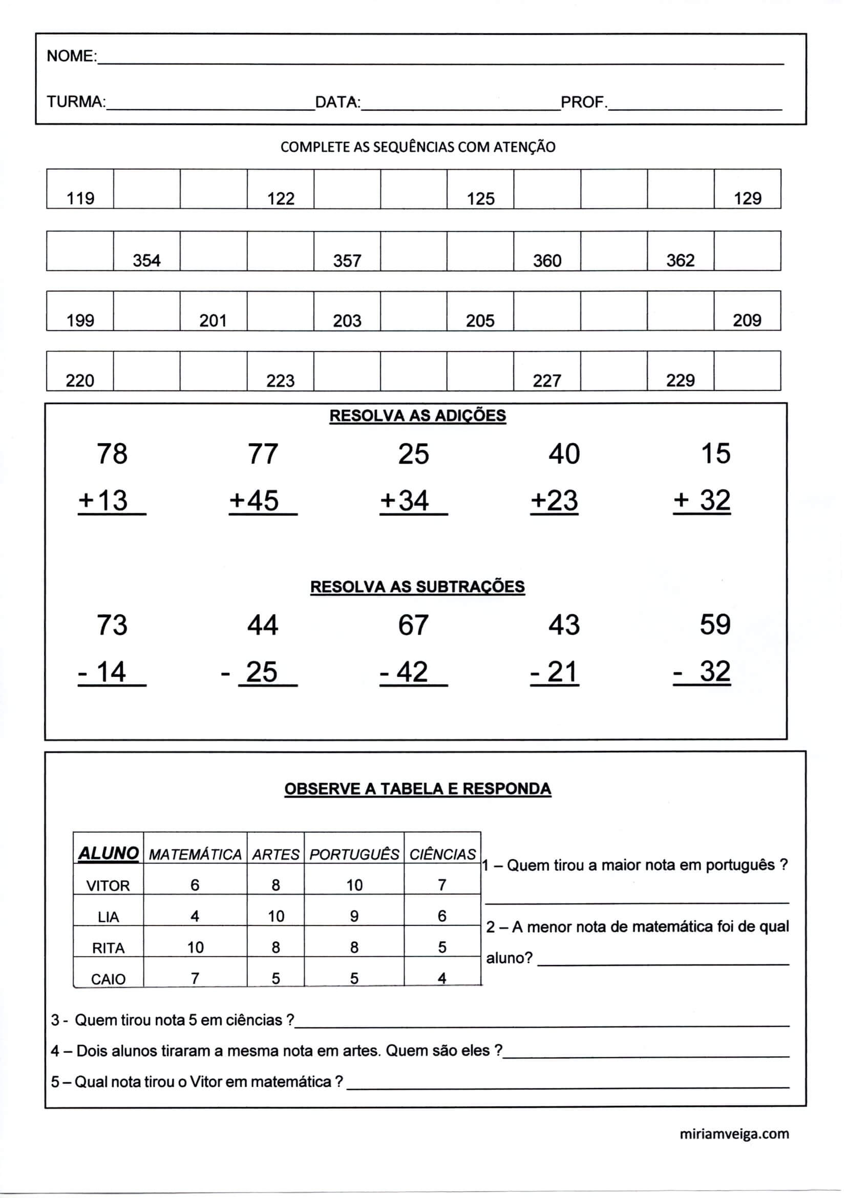 Avaliação Diagnóstica 3 Ano Matematica Educa