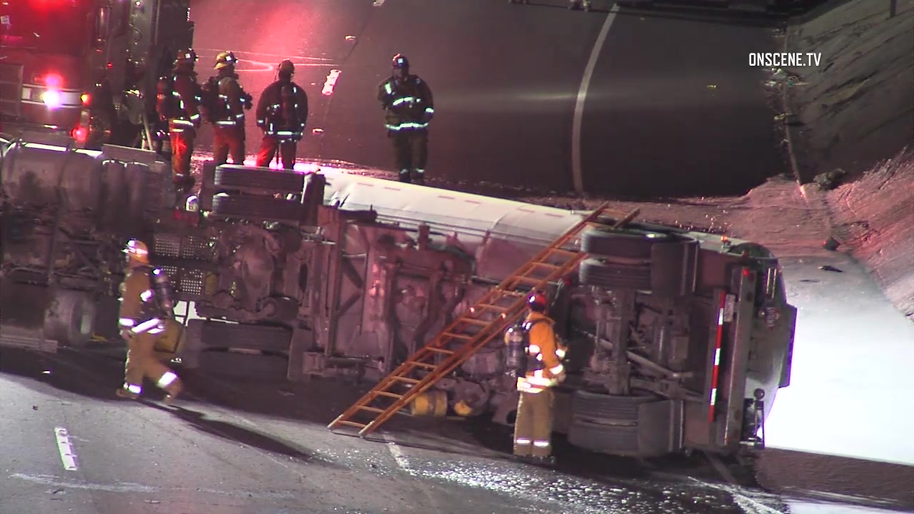 Overturned Tanker Spills Fuel Shuts Down 5 Freeway In Atwater