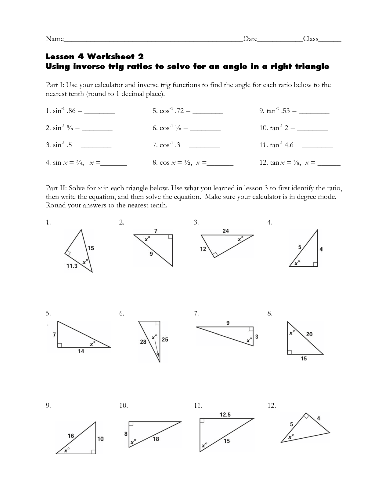 Six Trigonometric Ratios Worksheets With Answers