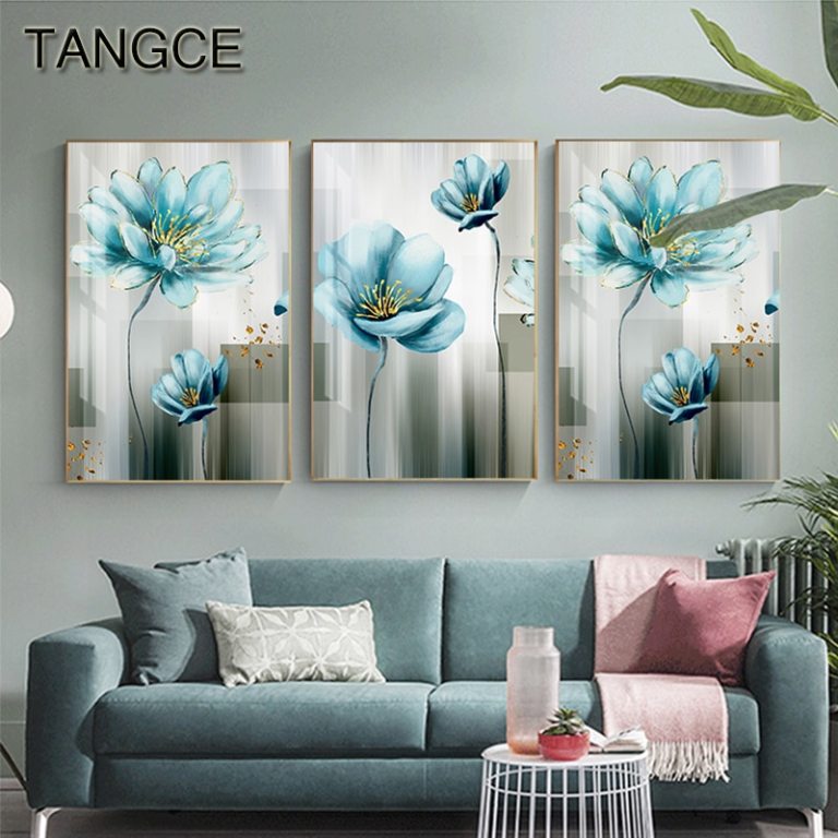 Abstract Blue Flower Canvas Painting Modern Scandinavian Wall Art