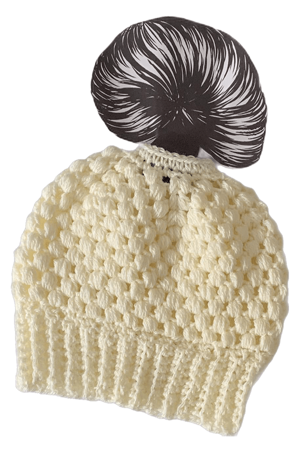 Crochet Messy Bunponytail Puff Stitch Beanie Cream Nancy Stroop