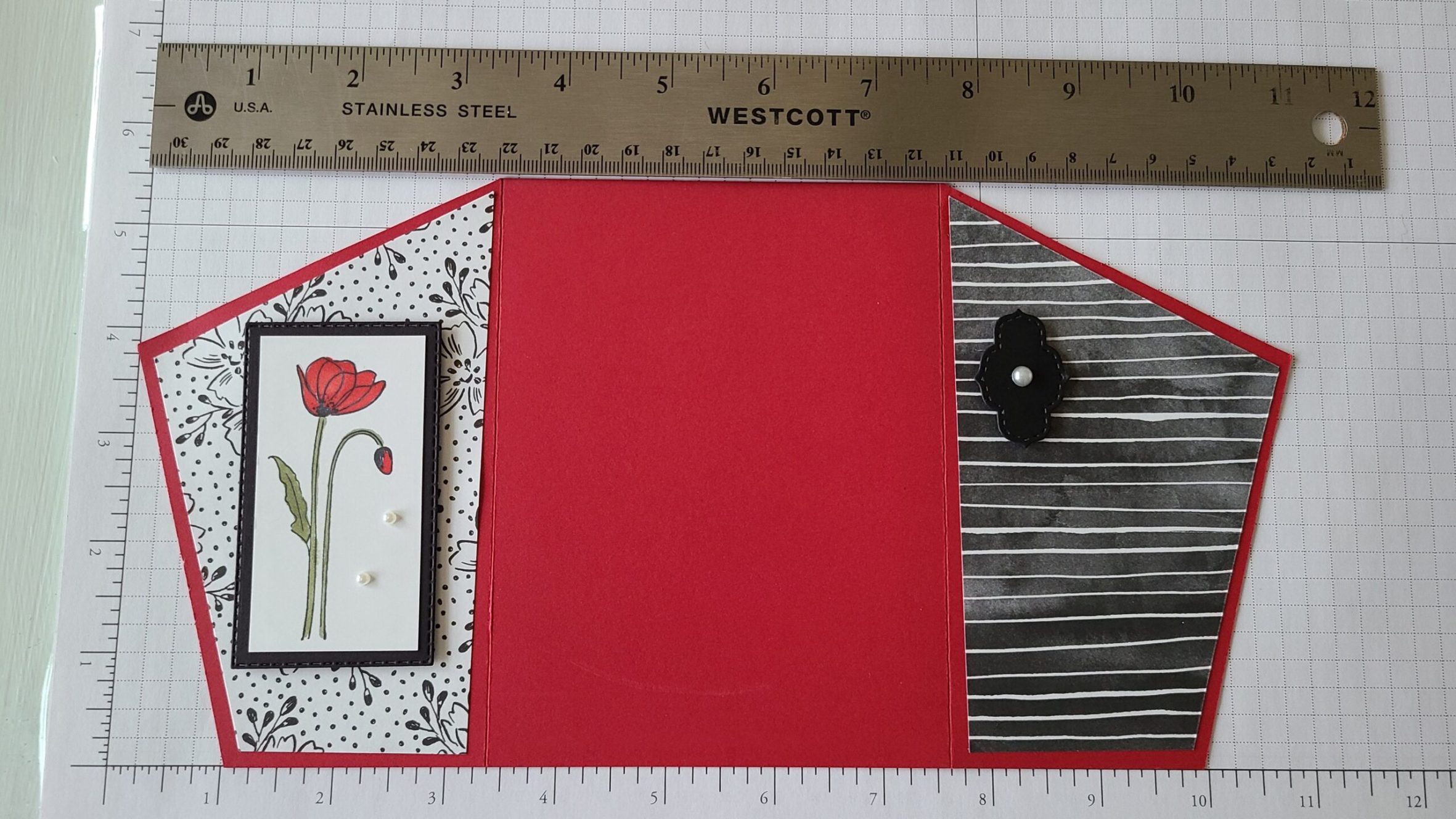 Measurements And Photos For The Angled Tri Fold Card Stamp With Lorraine