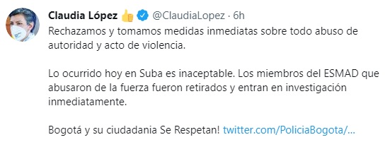 Claudia López Anuncia El Retiro De Sus Cargos De Agentes Del Esmad Por