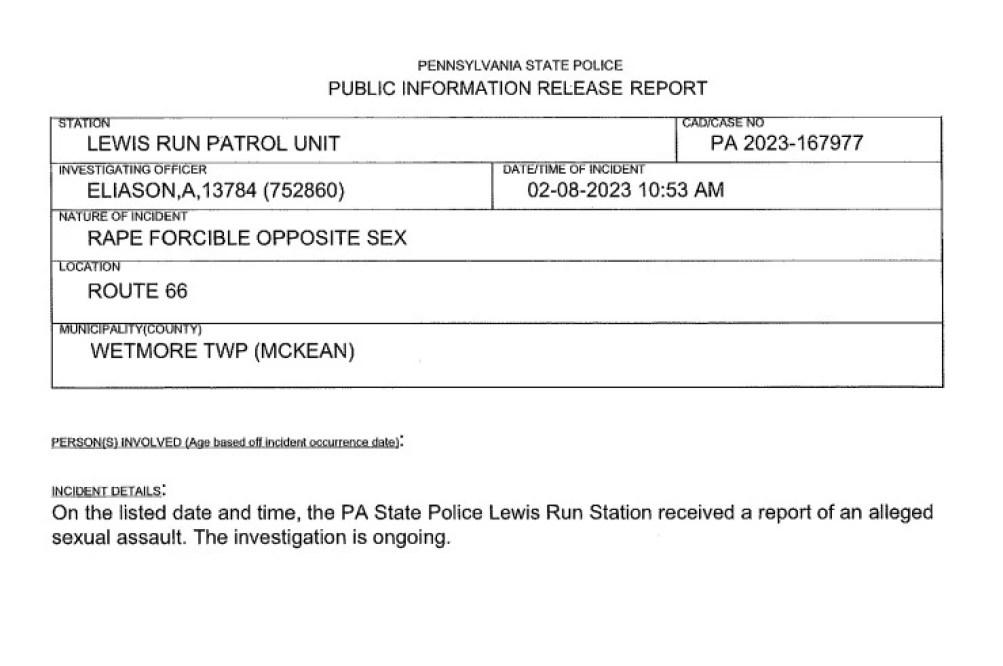 Lewis Run Psp Investigating Alleged Sexual Assault In Wetmore Twp