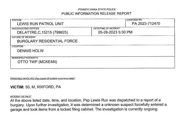 Lewis Run Psp Investigating Burglary In Otto Twp Solomons Words For