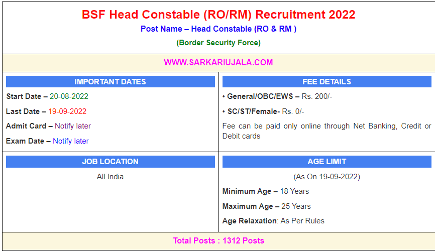 Bsf Head Constable Rorm Online Form 2022 Last Date