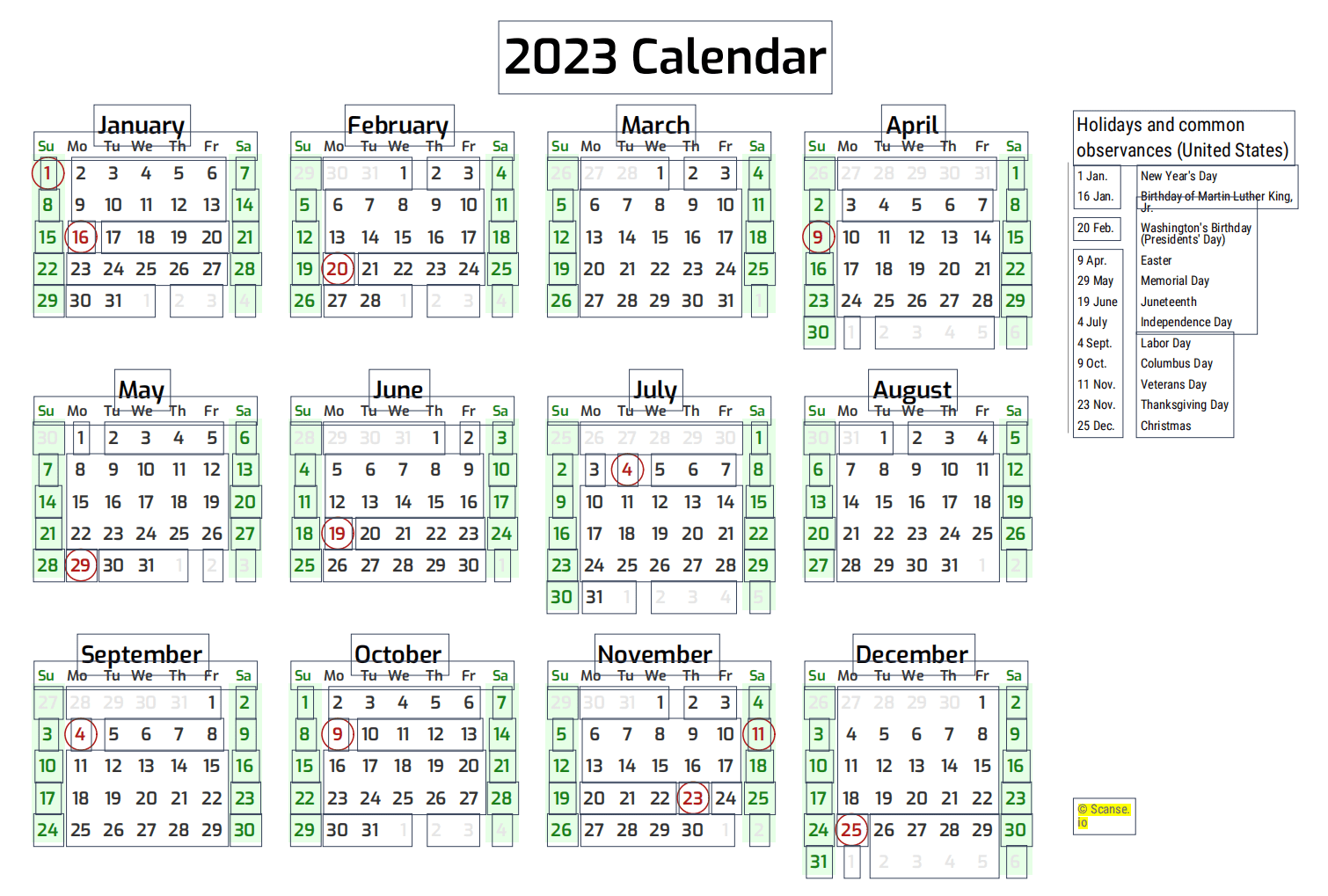 2023 Printable Calendar One Page With Holidays Pdf Excel Template Scanse