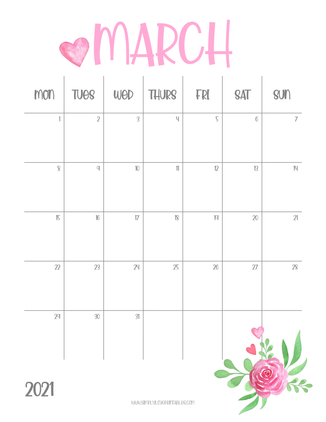 Free Printable 2021 Pink Floral Monthly Calendars