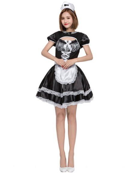 Maid Costume Lace Ruffle Bow Apron Headwear Dress Servant Girl Power