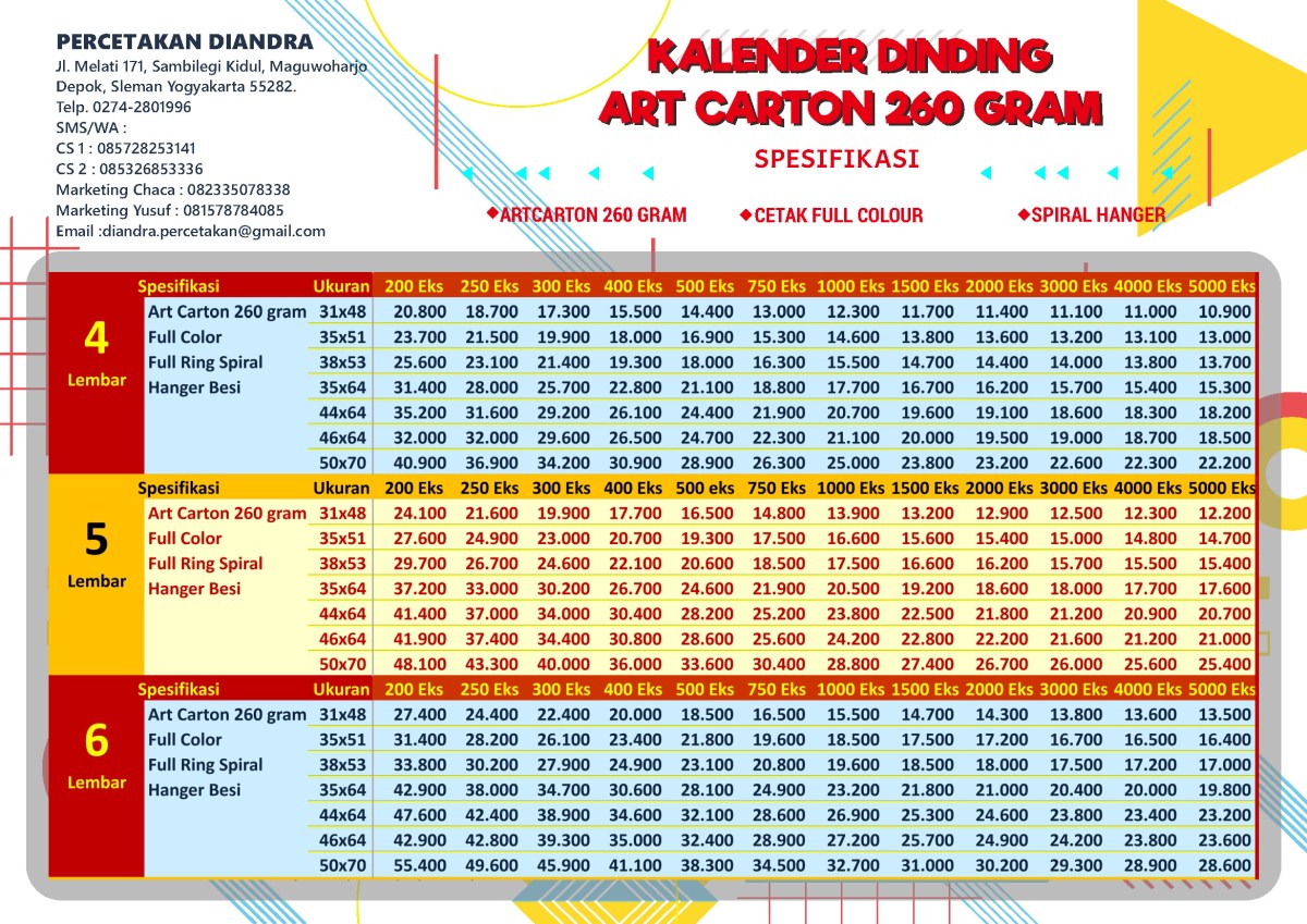 Cetak Kalender Dinding Spiral Hanger 2022 Percetakan Diandra I Cetak