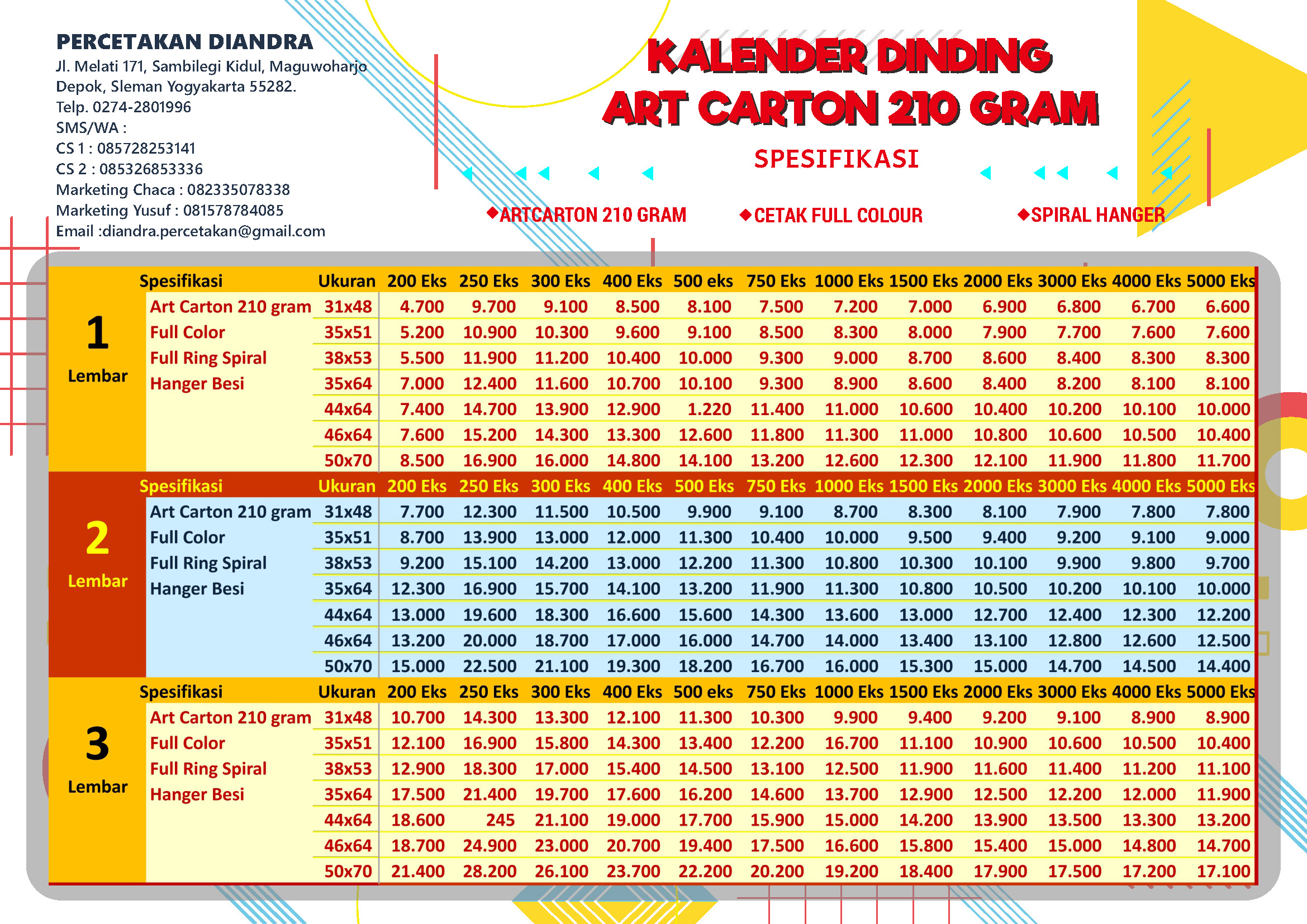 Cetak Kalender Dinding Spiral Hanger 2022 Percetakan Diandra I Cetak