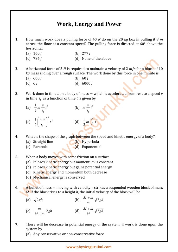 Neet Work Energy And Power Important Questions Gurukul Of Excellence