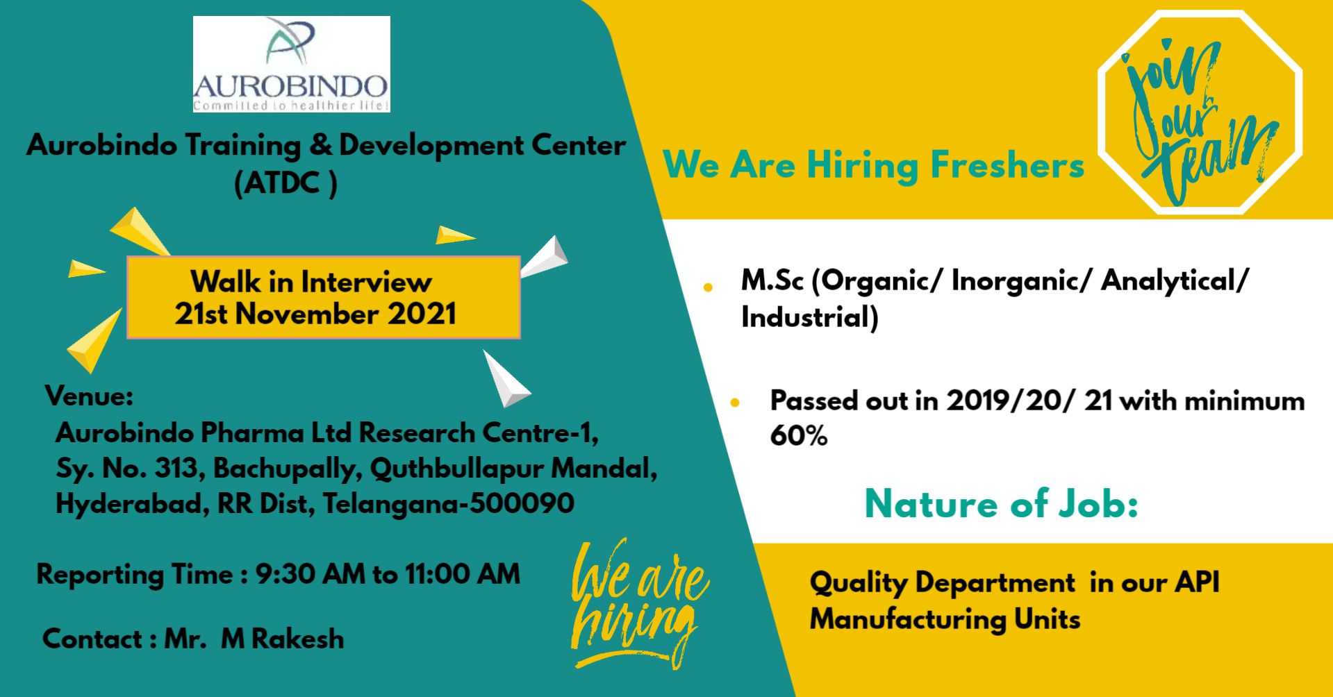 Aurobindo Pharma Ltd Walk In Interviews For Freshers On 21st Nov