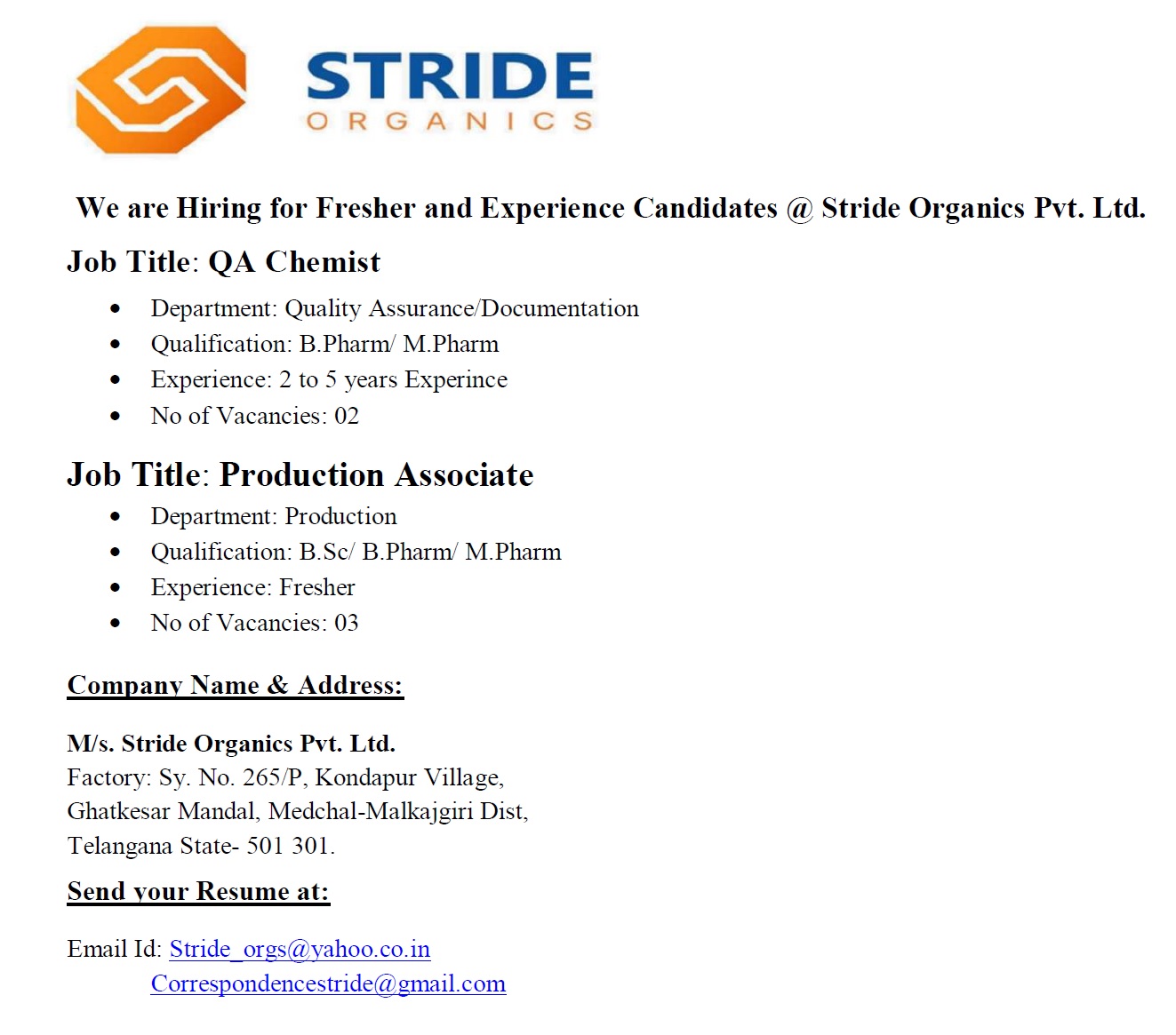 Stride Organics Pvt Ltd Hiring Freshers And Experienced In Quality