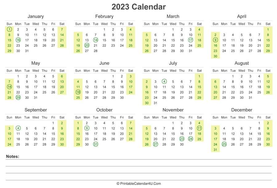 Printable 2023 Calendar Landscape Orientation 2023 Blank Yearly