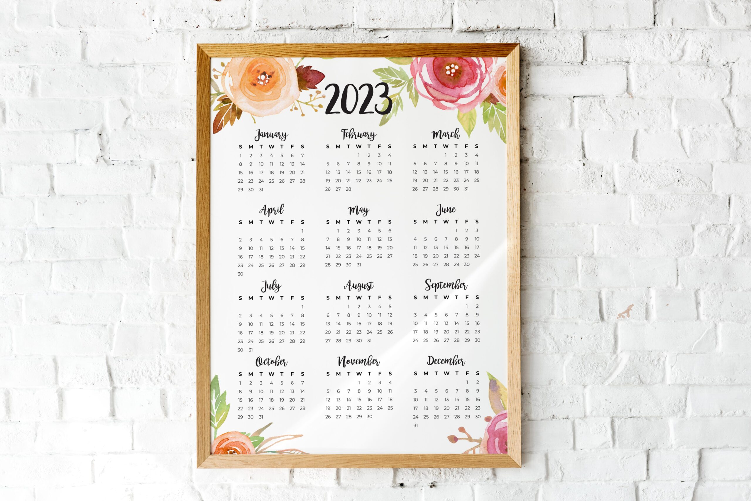 2023 Printable Calendar Year At A Glance Watercolor Roses 2023