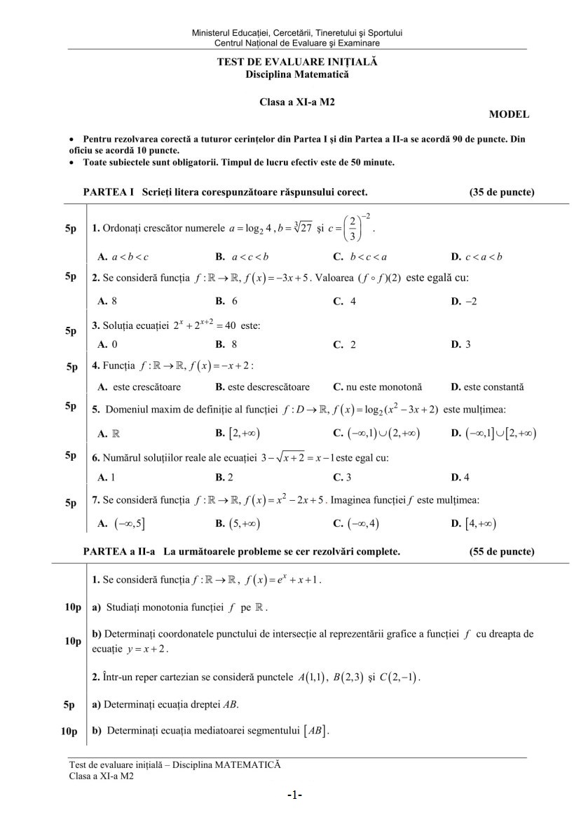 Teste Initiale Matematica Clasa A 11 A M1 Si M2 Cu Bareme An Scolar