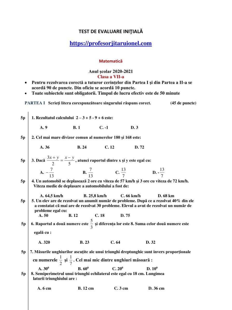 Teste De Matematica Pentru Simularea Evaluarii Nationale La Clasa A Vii