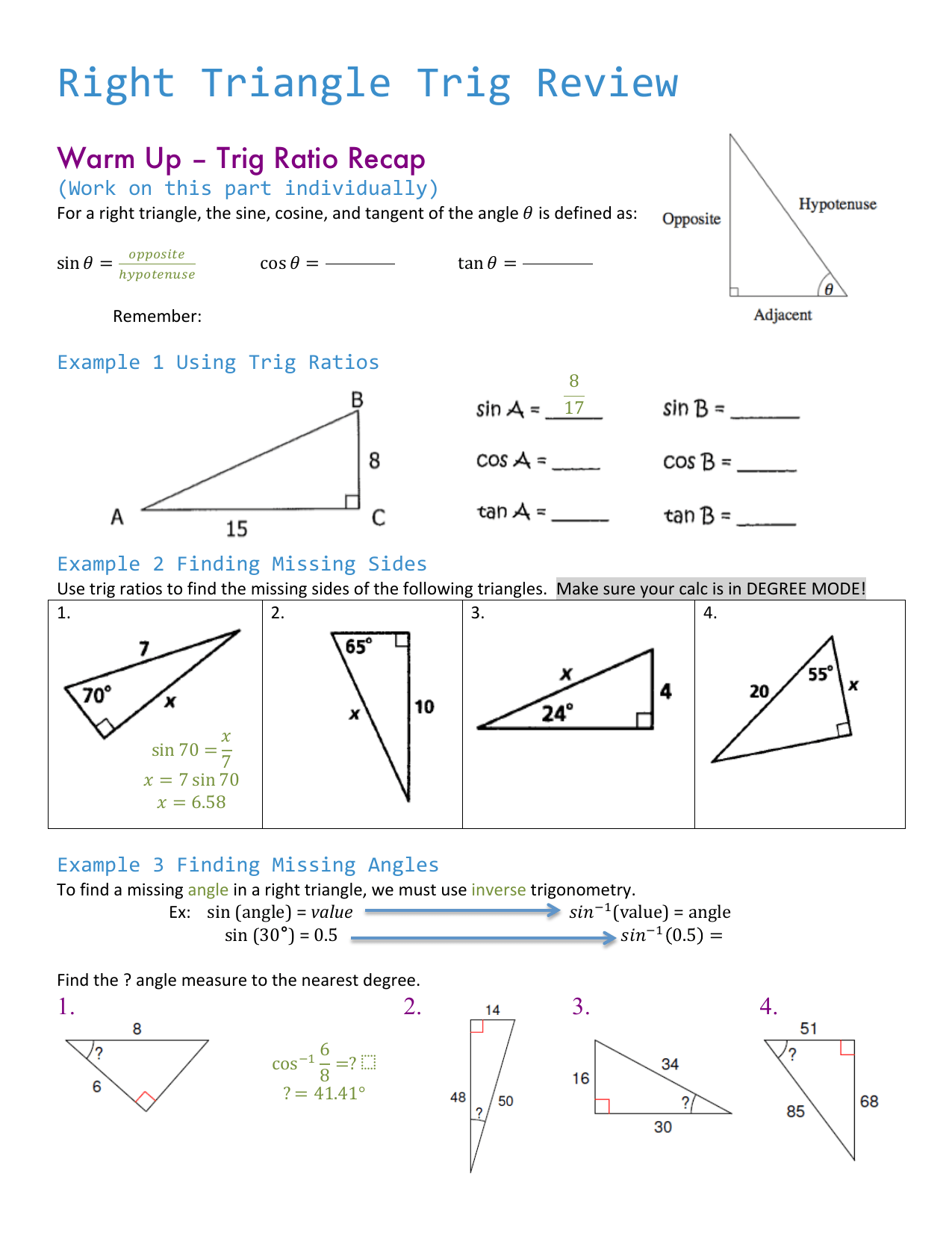 Trigonometric Ratios In Right Triangles Answer Special Right